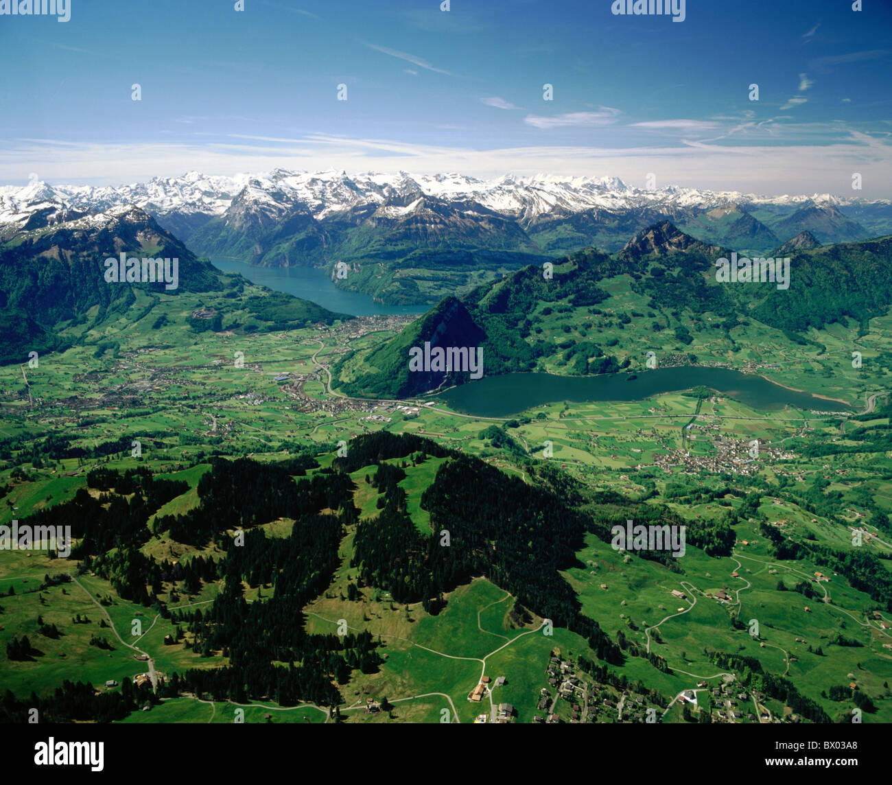Alps panorama scenery Lauerzersee lake aerial view central Switzerland ...