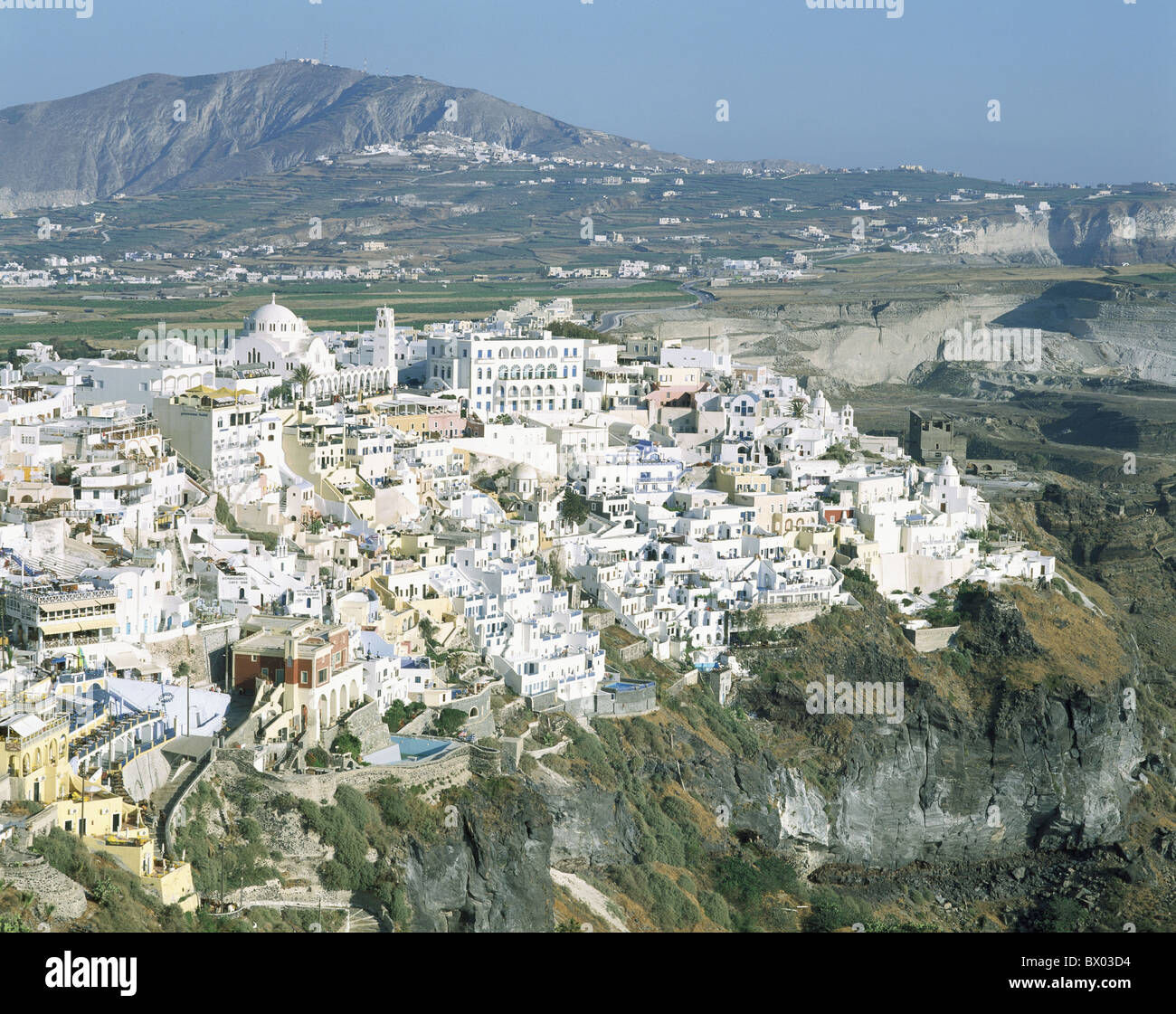 rocks cliffs Greece Cyclades Santorini town city Thera Thira overview ...