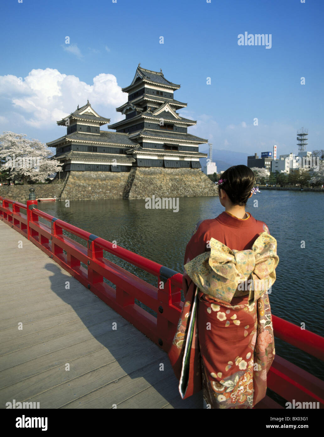 castle woman geisha Japan Asia Matsumoto lake sea footbridge water ...
