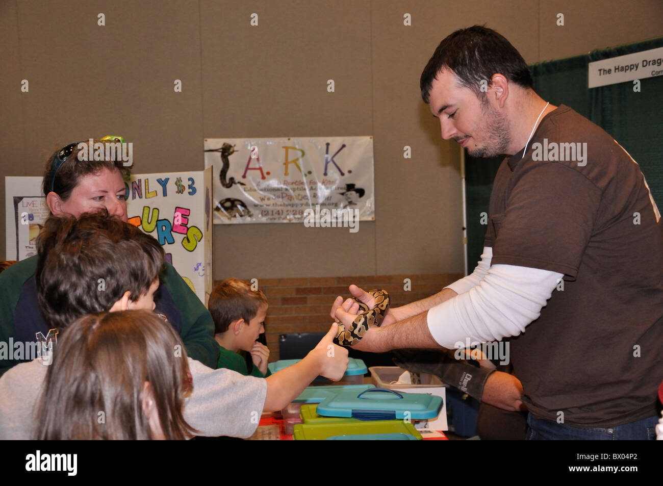 Man handling baby python and showing it to kids Stock Photo - Alamy