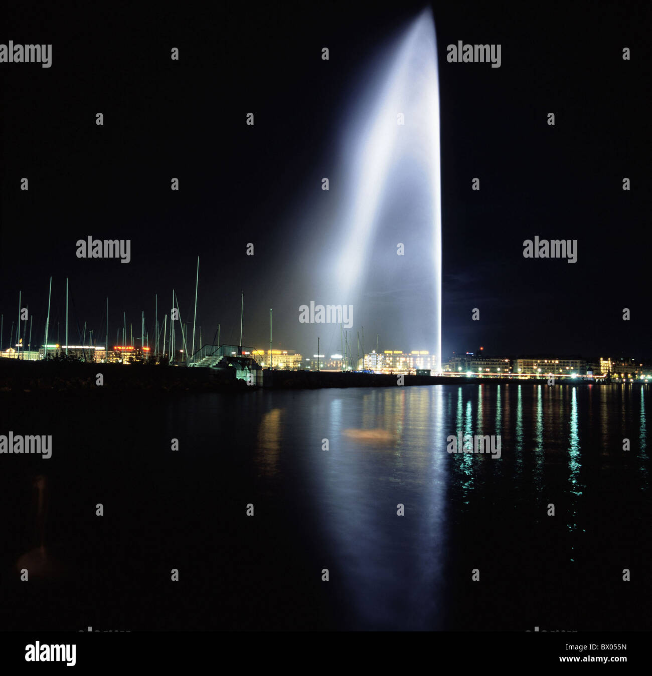 Geneva Switzerland Europe jet d'Eau fountains at night water town city ...