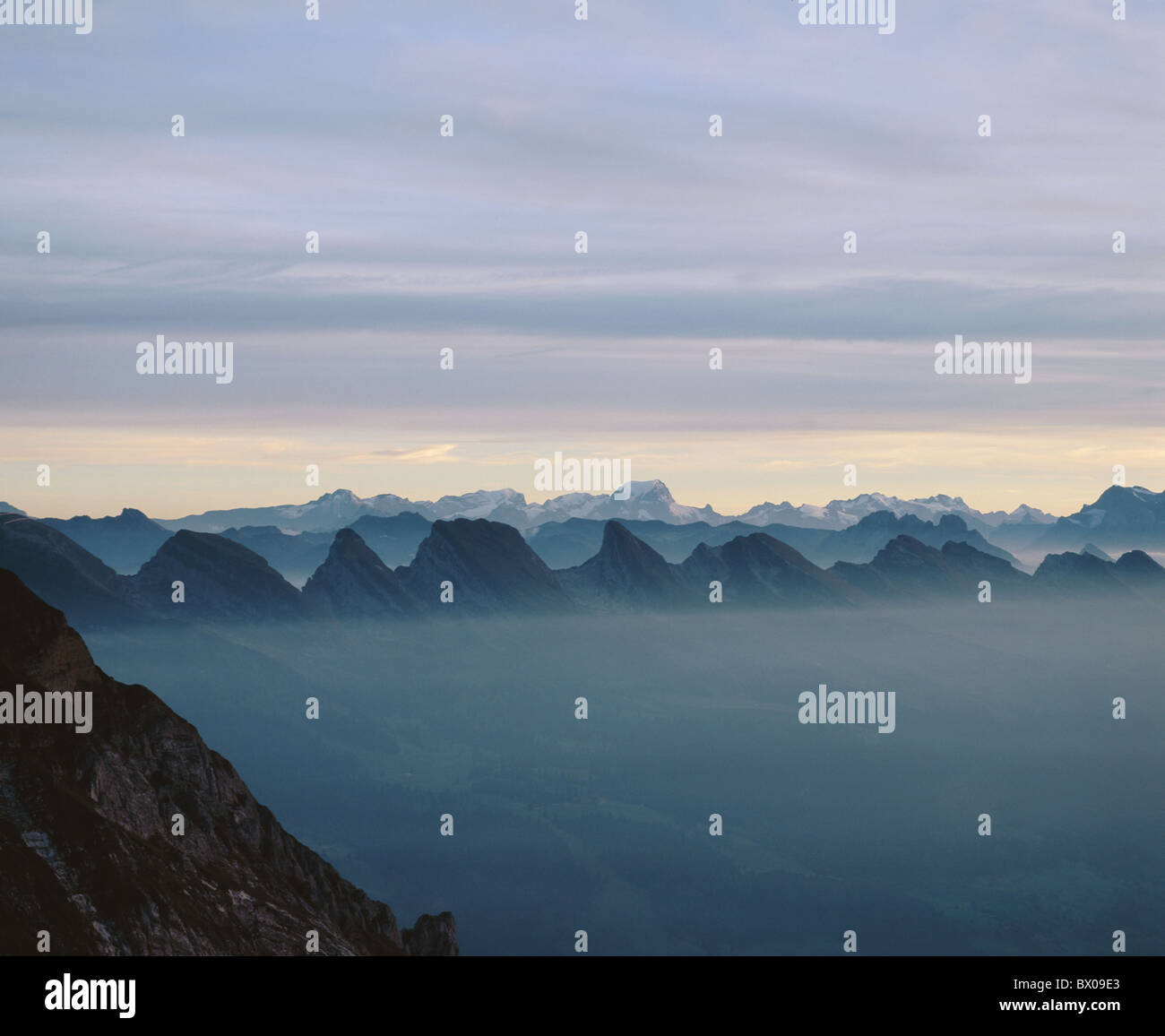Alpstein view mountains Churfirsten foehn panorama Switzerland Europe ...