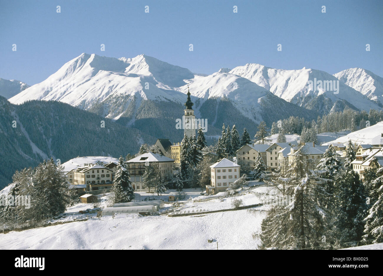 village Engadine Ftan Lower Engadine Graubunden Grisons church snow ...