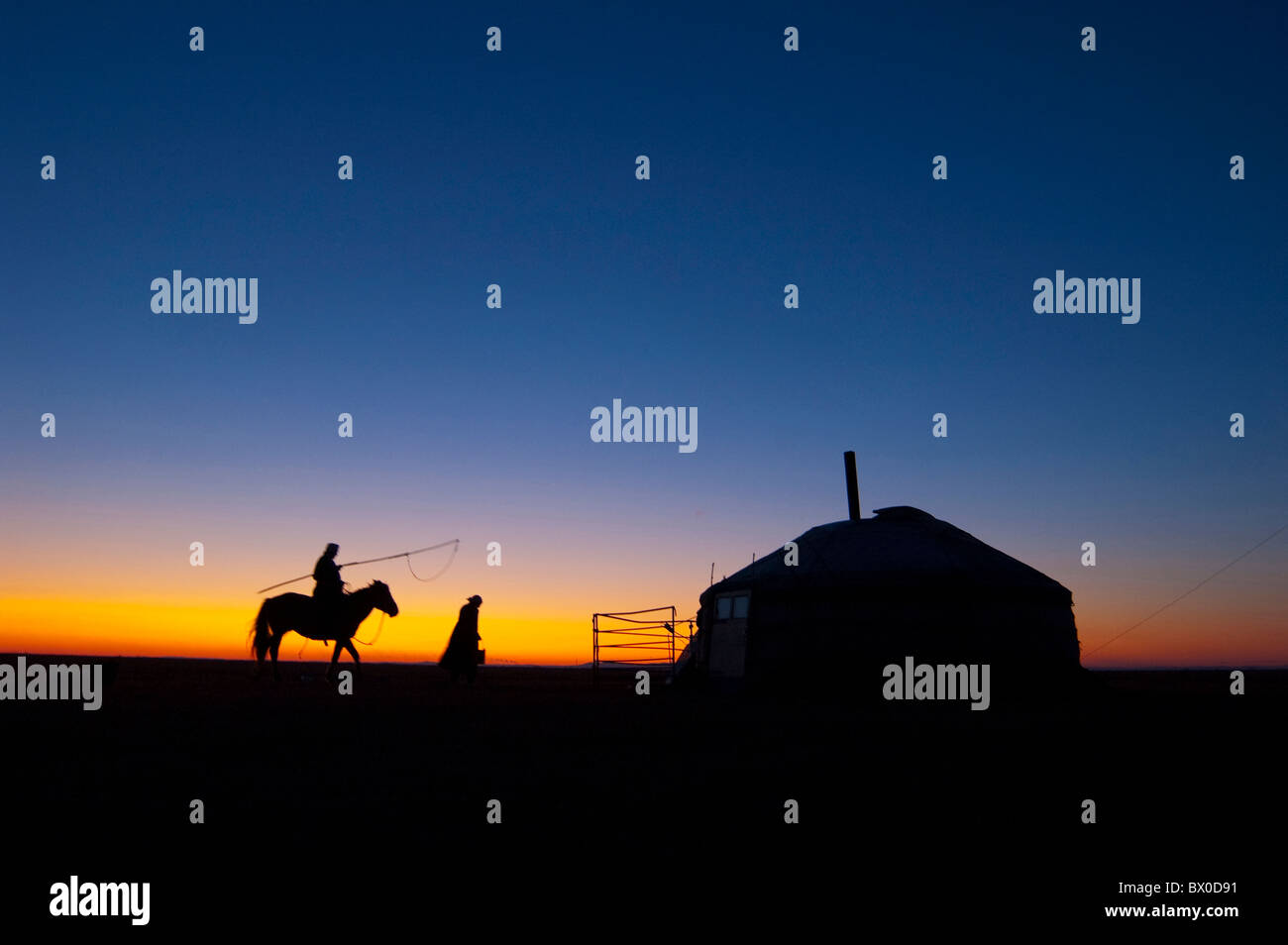 Barag Mongolian people coming home at dusk, Old Barag Banner, Hulunbuir ...
