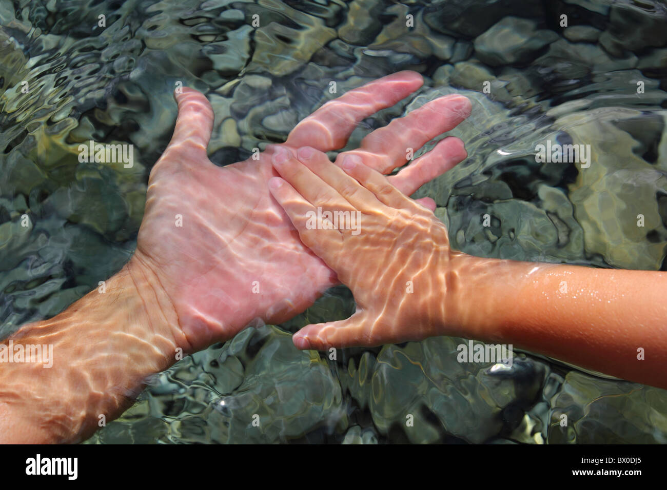 adult and children hands holding underwater wavy distorted Stock Photo ...