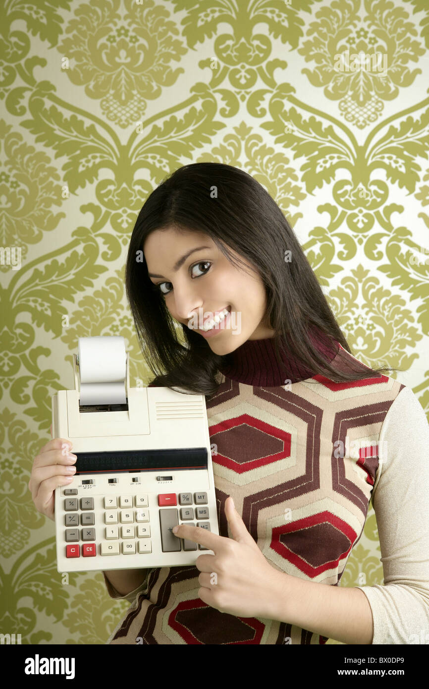 retro accountant woman calculator vintage green sixties wallpaper Stock ...