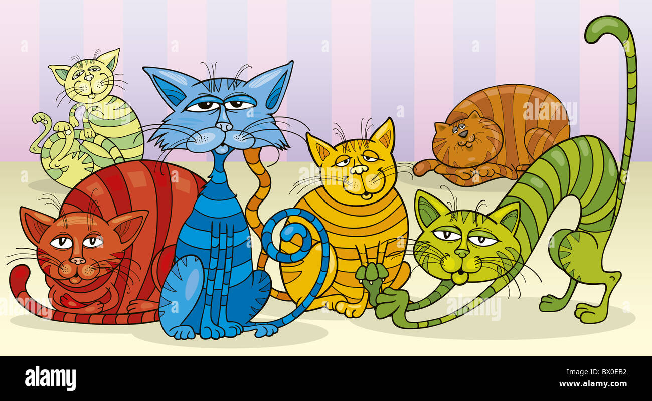 funny color cats group cartoon illustration Stock Photo - Alamy