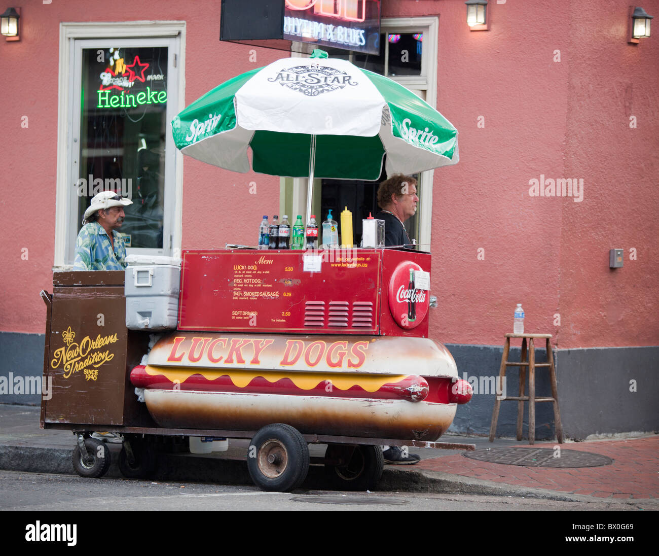 A man sells lucky hot dogs on Bourbon Street in New Orleans, Louisiana ...