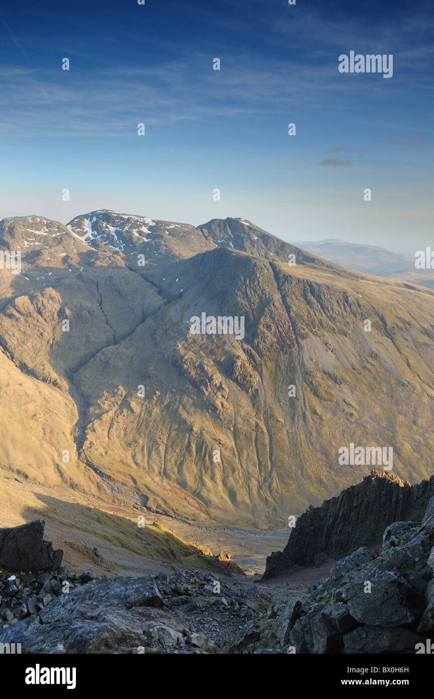 View down the scree slopes of Great Gable towards Scafell in the ...