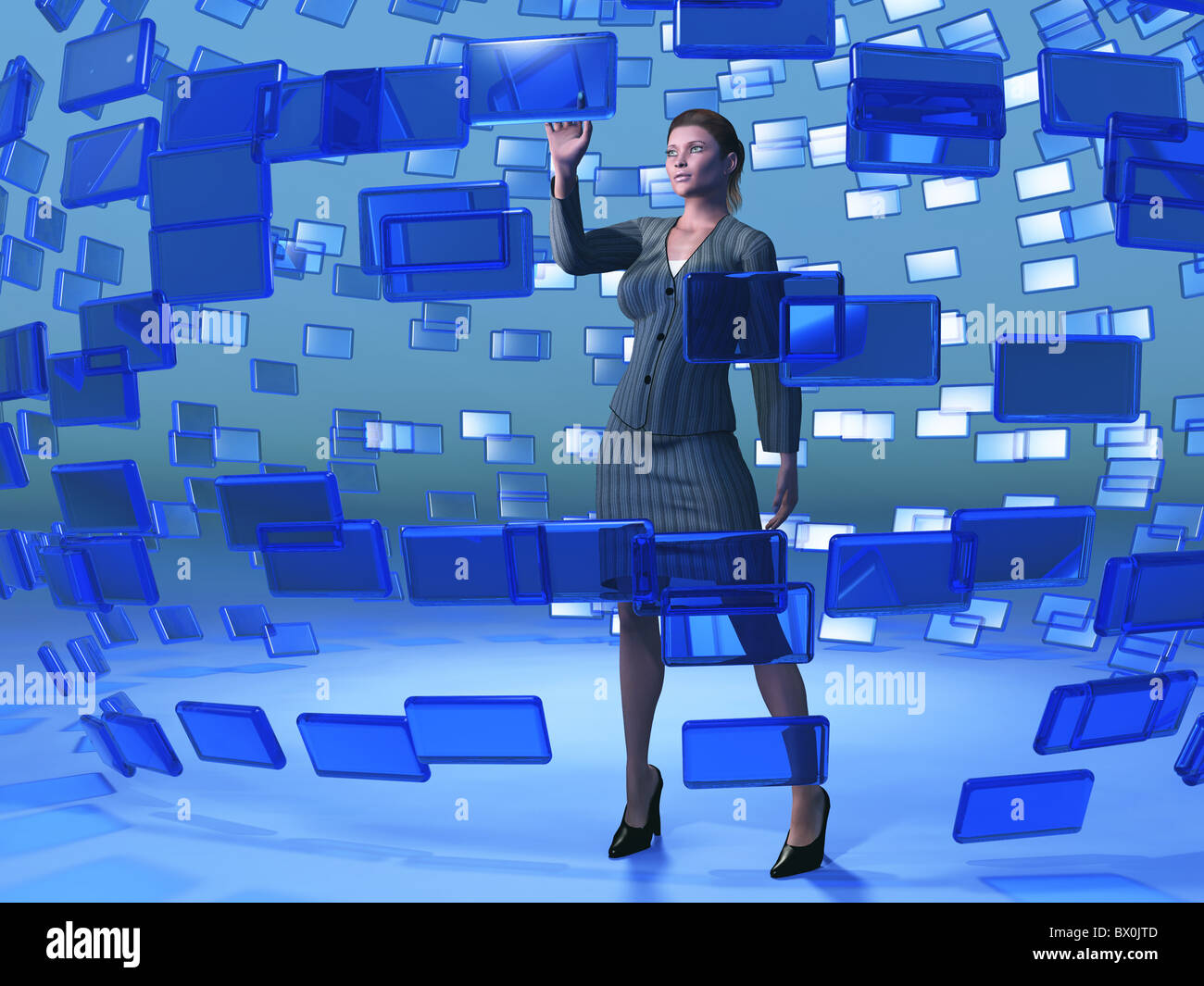 businesswoman touching blue screen Stock Photo - Alamy