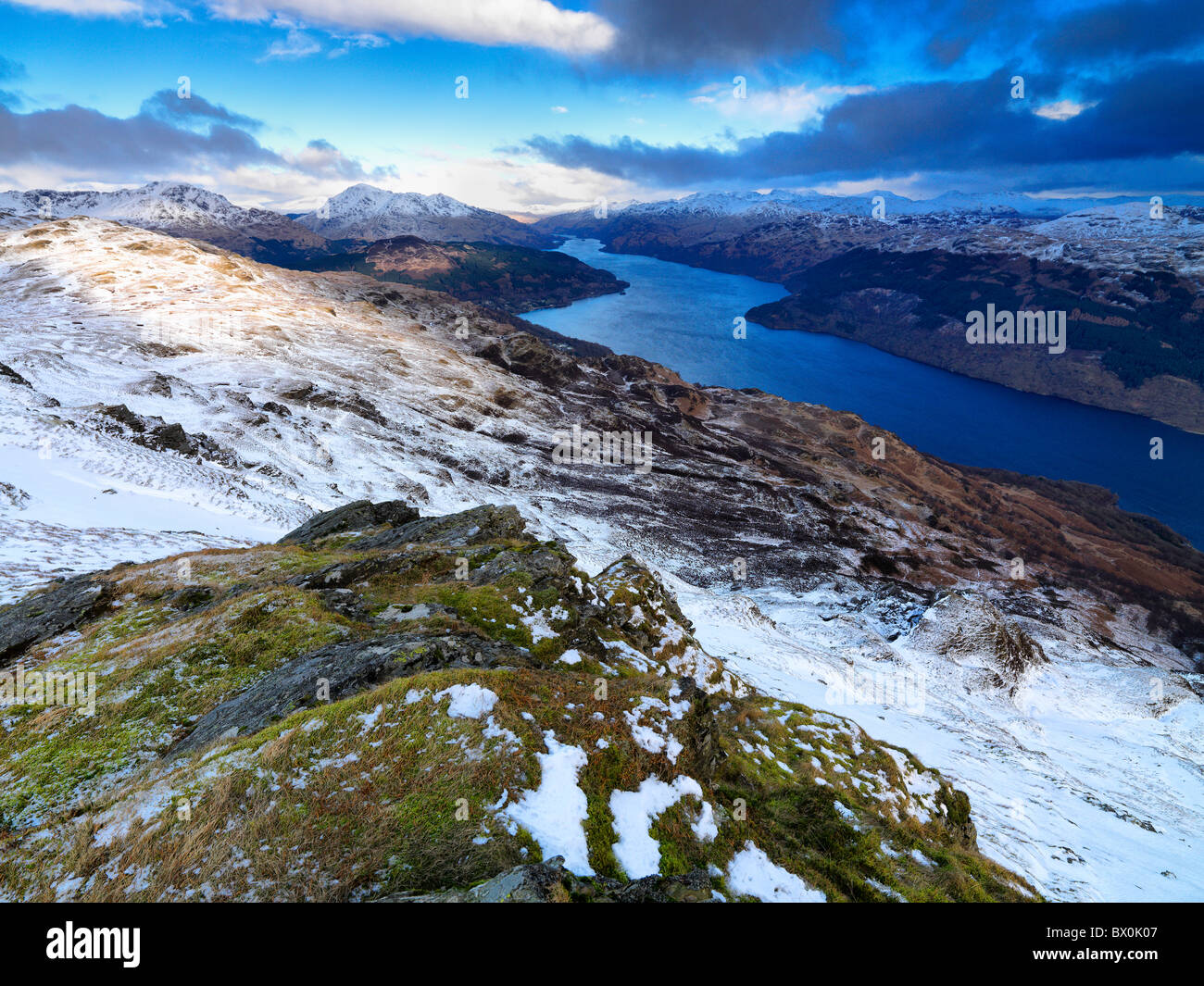 A winter daybreak on Loch Lomond and the Arrochar Alps from the summit ...