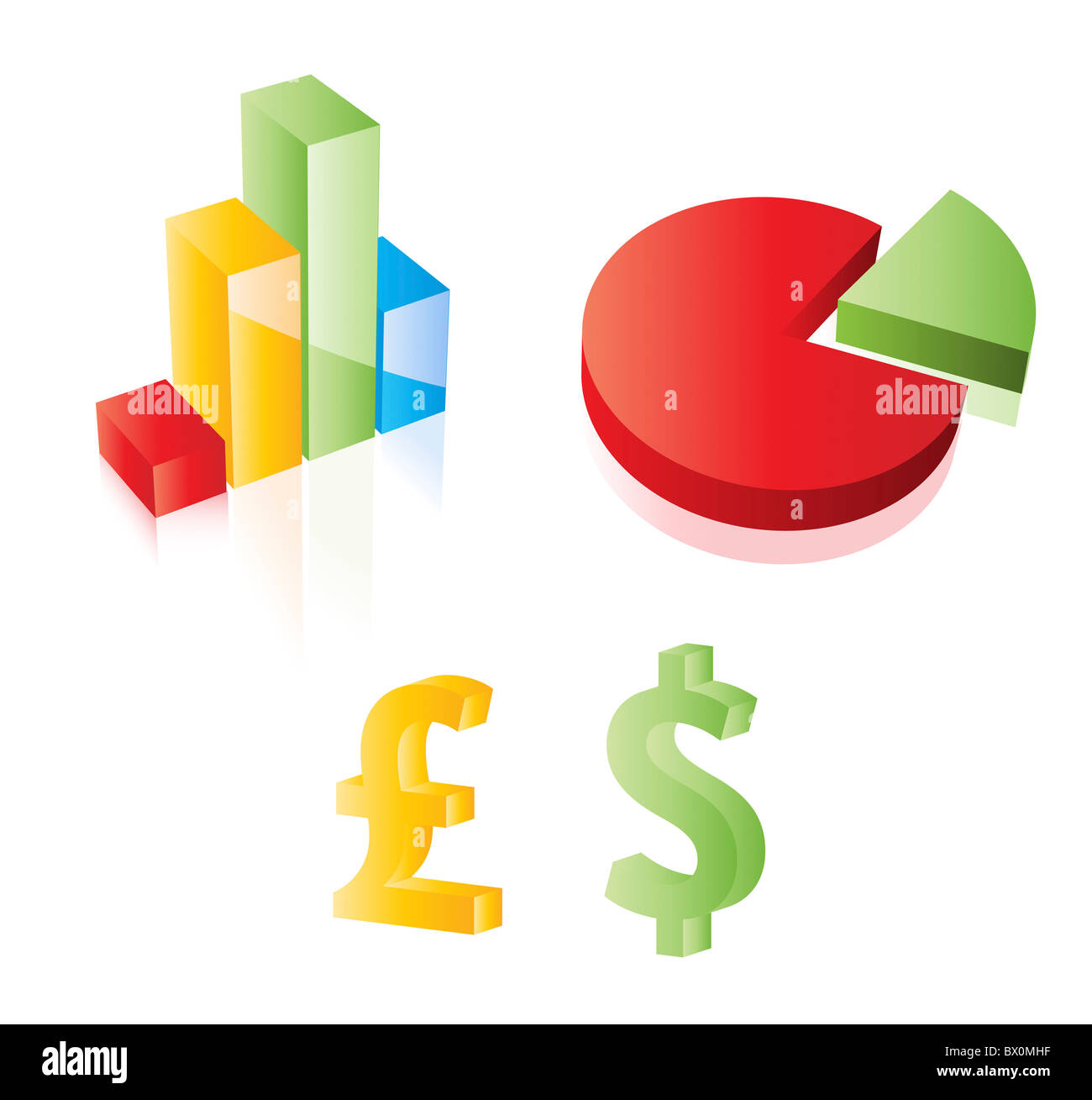 3D Vector chart, pie, dollar and pound sterling signs. Web 2.0 style ...