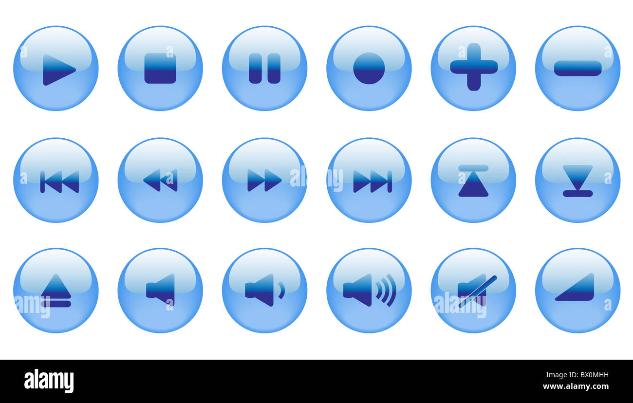 Set of blue vector icons for media player, internet or another use ...