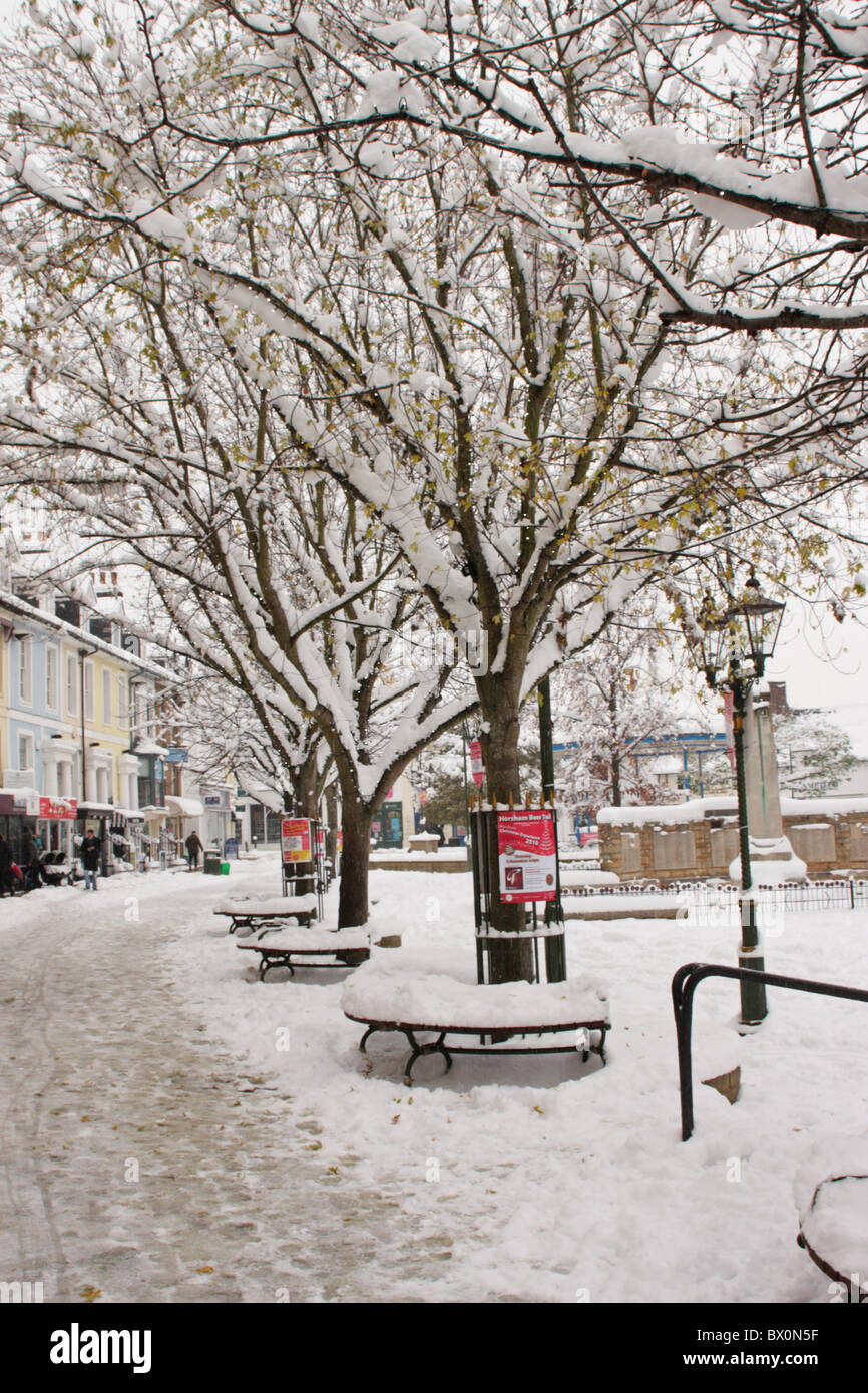 Snow on the trees in the Carfax Horsham West Sussex UK Stock Photo - Alamy