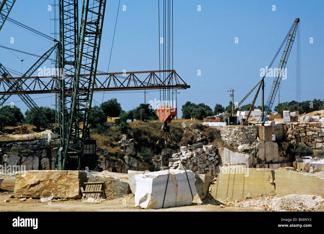 Cranes at a marble quarry storage site, Estremoz, Portugal Stock Photo ...