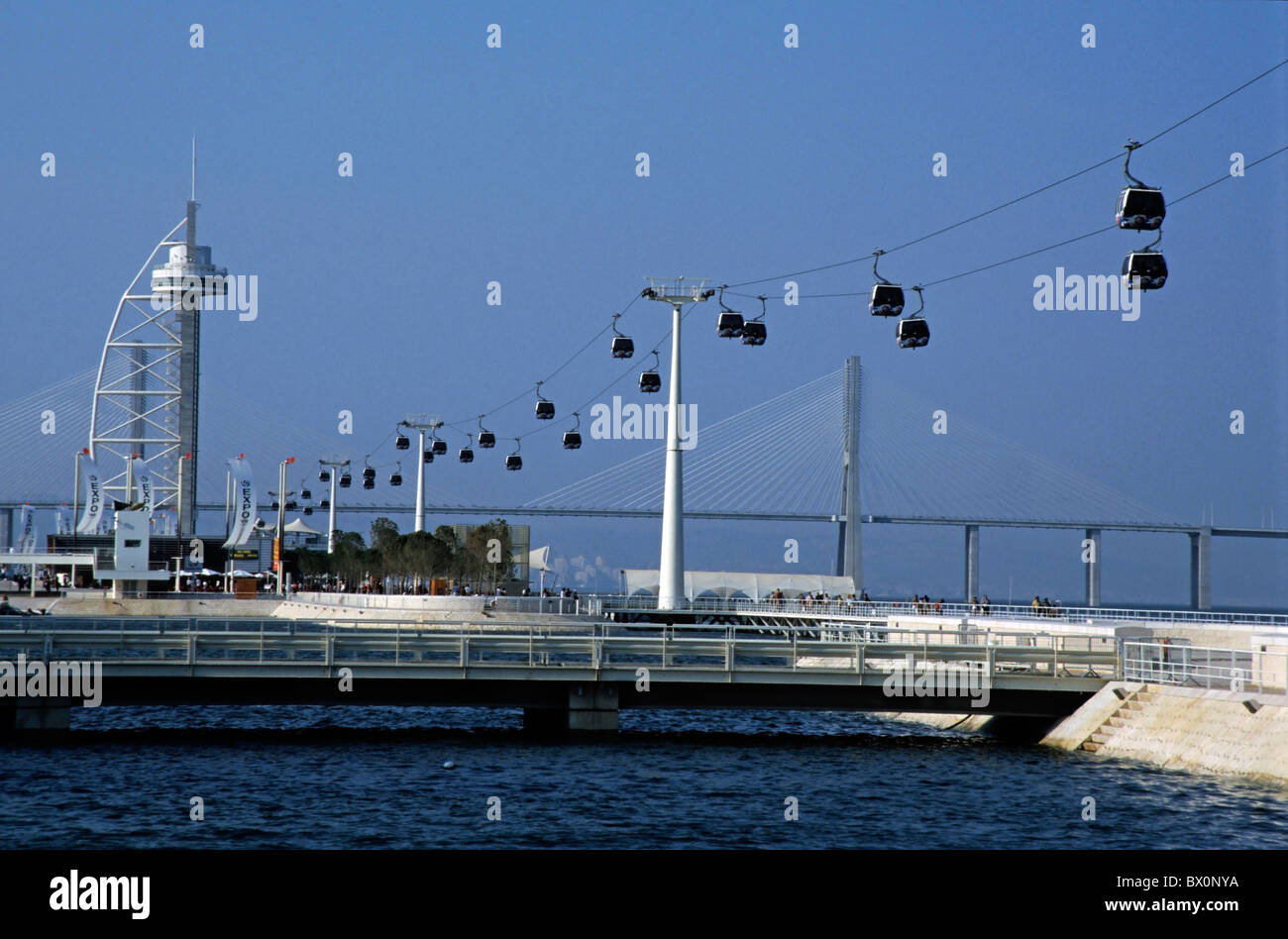 Cable cars at Expo 98 with Vasco da Gama Bridge on Rio Tejo, Lisbon ...