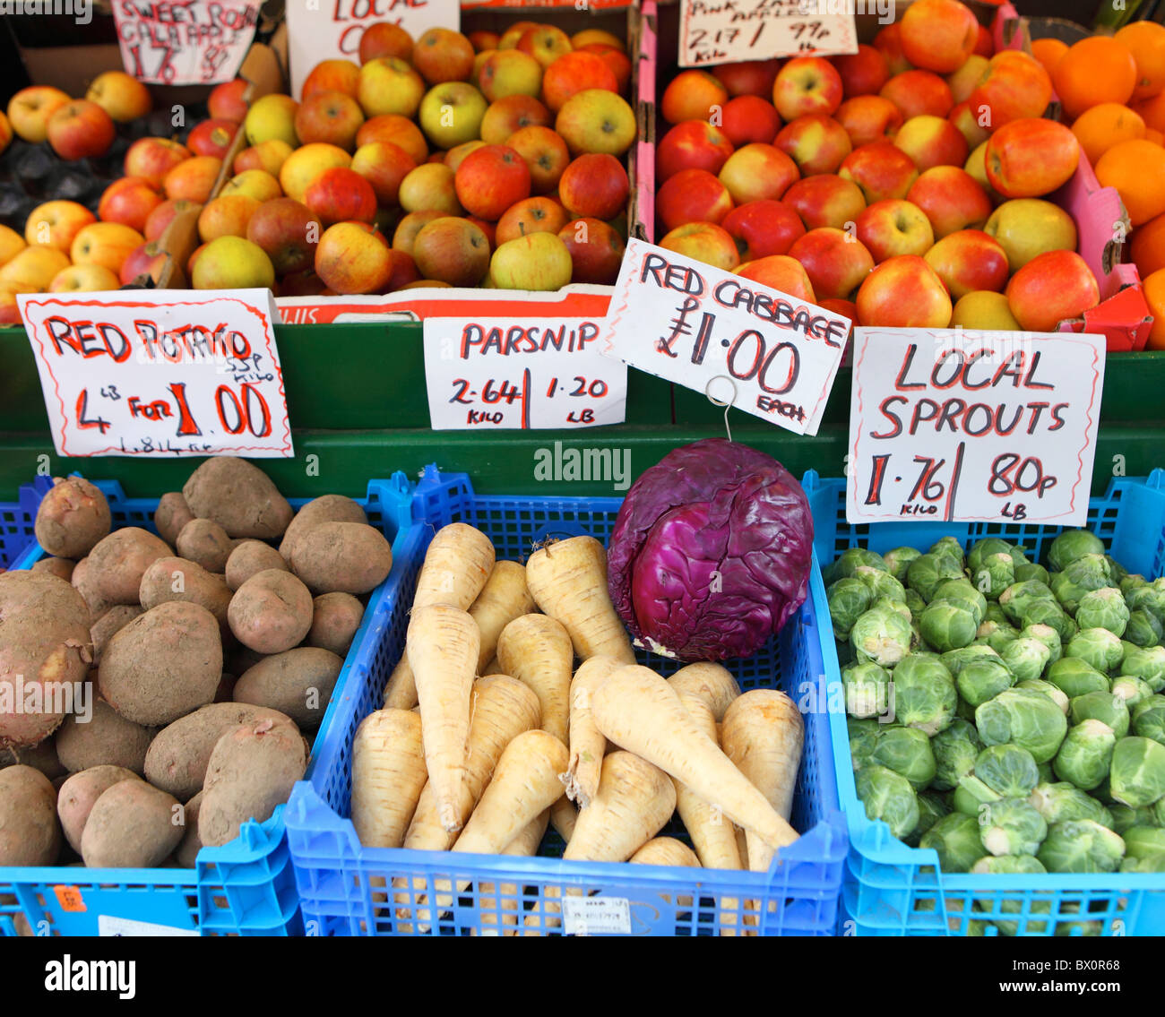 Fresh English fruit and vegetables on a market stall in Great Yarmouth ...