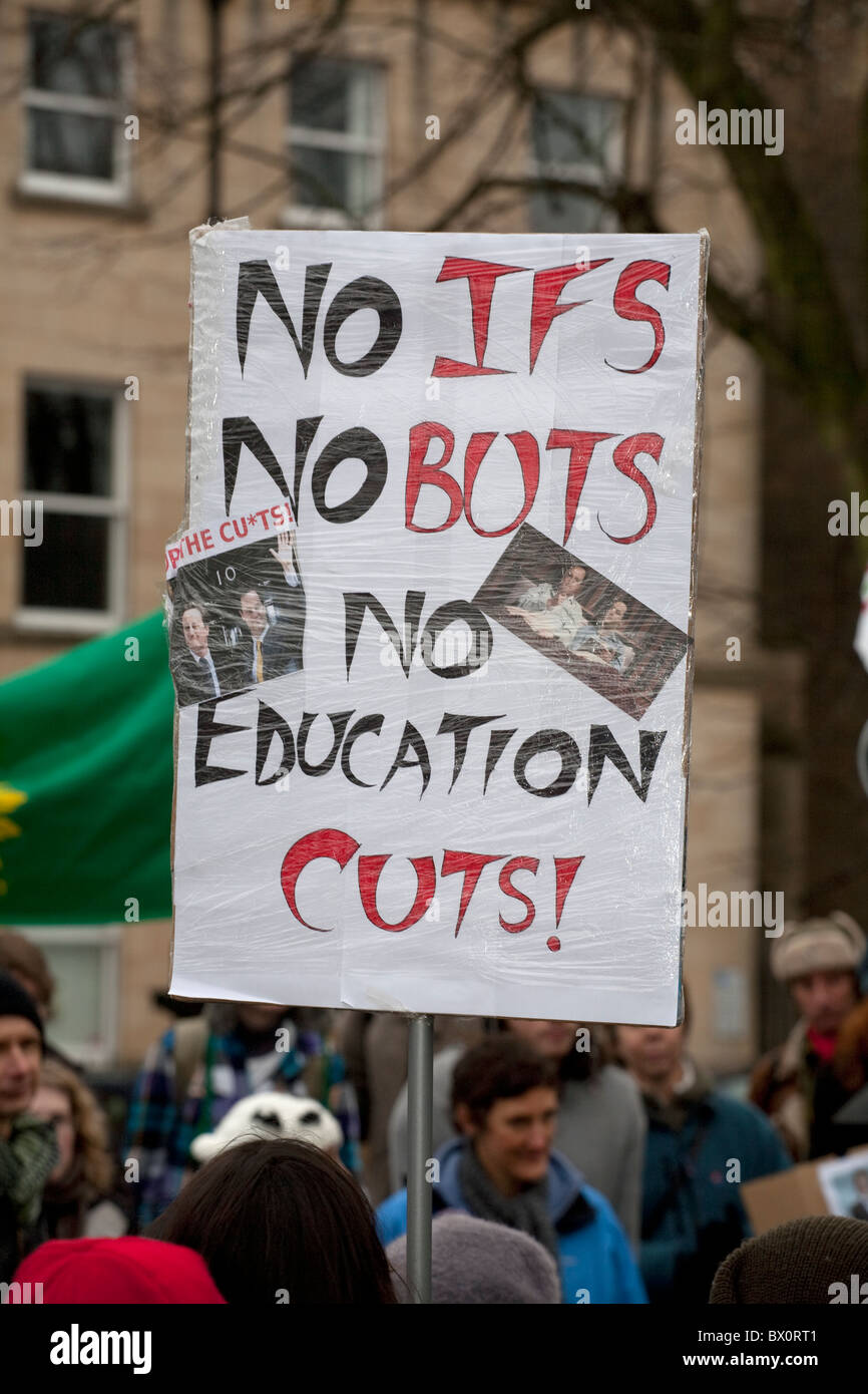 Placards And Protesters During A Protest Against Education Cuts By The