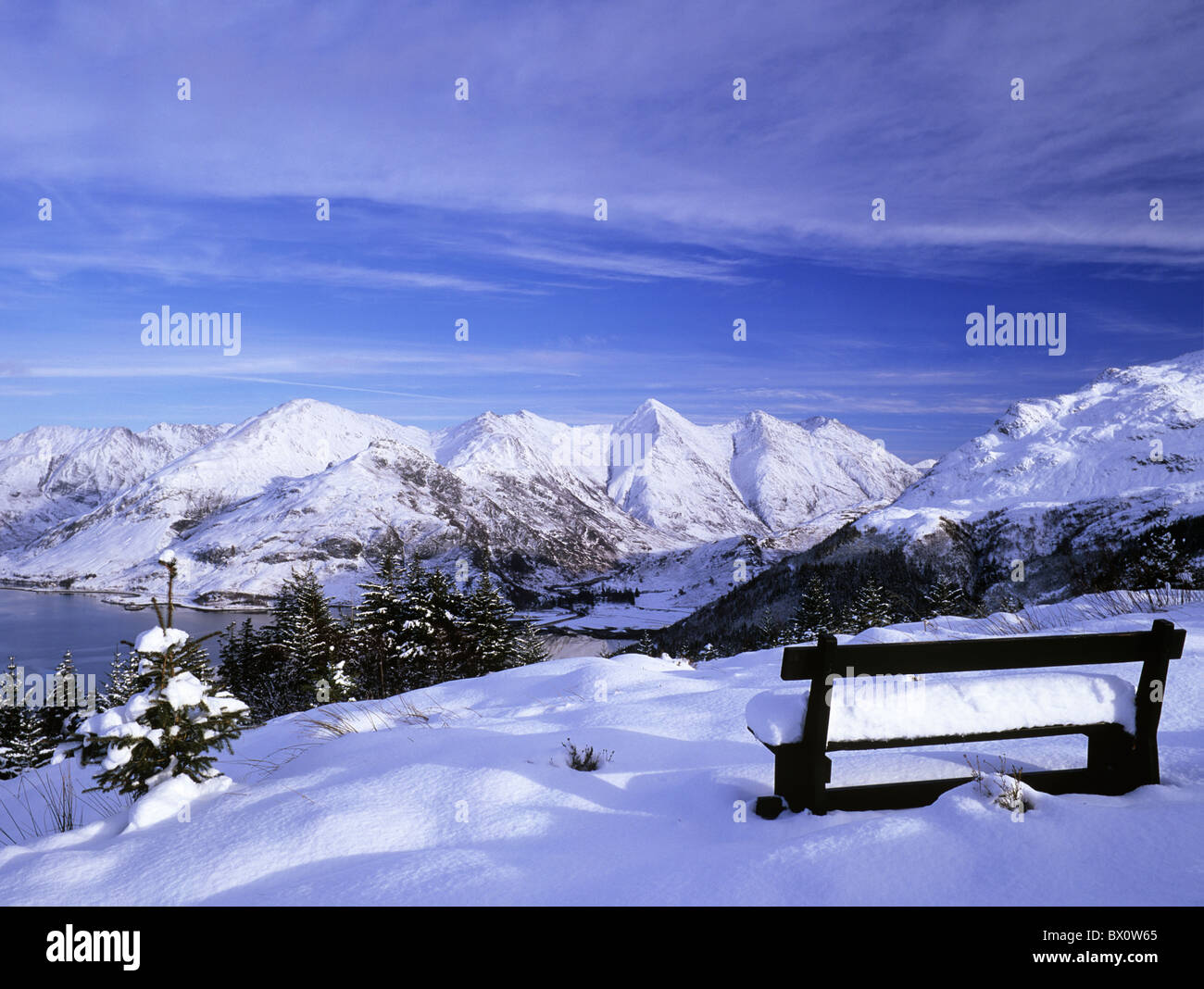 Bench at Bealach Ratagan viewpoint looking towards Loch Duich and Five ...