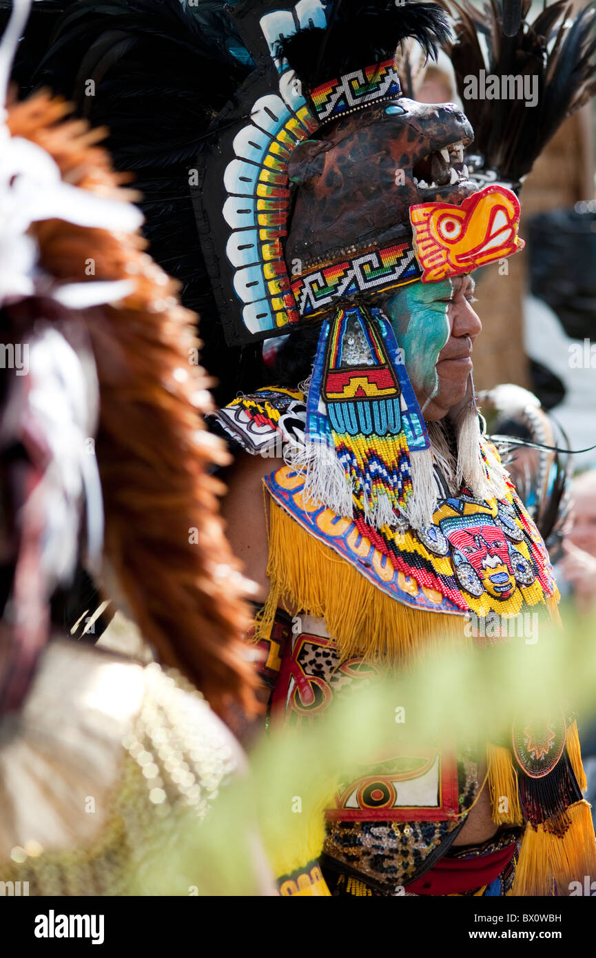 Headdress of Aztec Indian Dancer getting ready to do an Indian dance ...