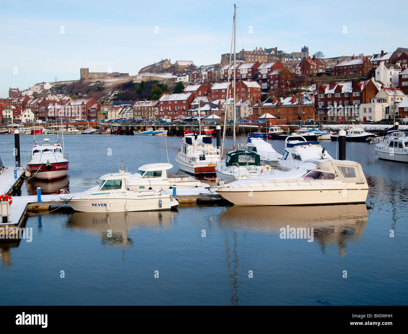 Whitby harbour and marina on a snowy winter's day Stock Photo - Alamy