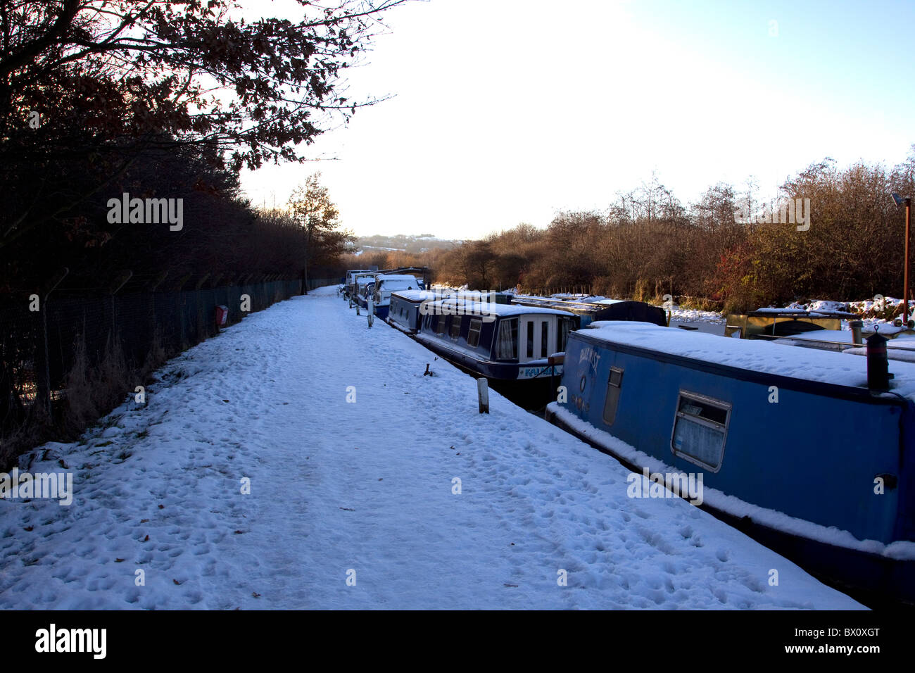 View of narrow boats moored at the Shepley Bridge Marina in Yorkshire ...