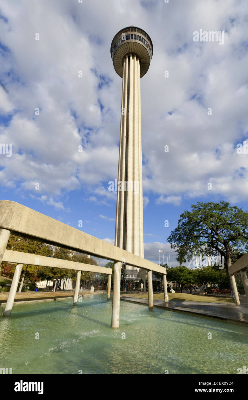 Water feature in front of the Tower of the Americas, San Antonio, Texas ...