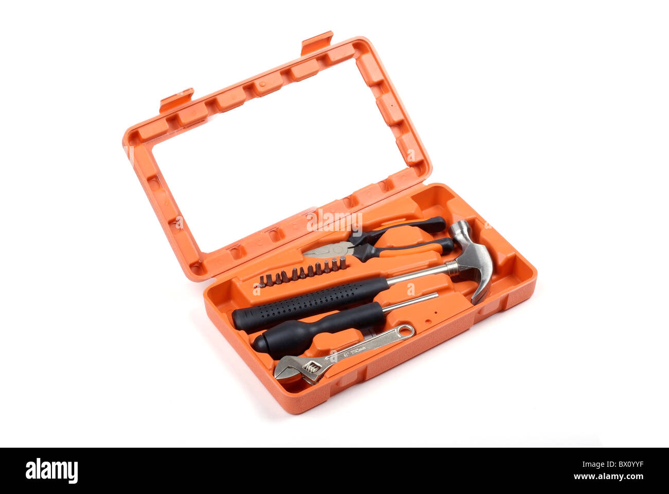 Orange toolbox with set of instruments isolated on white background ...