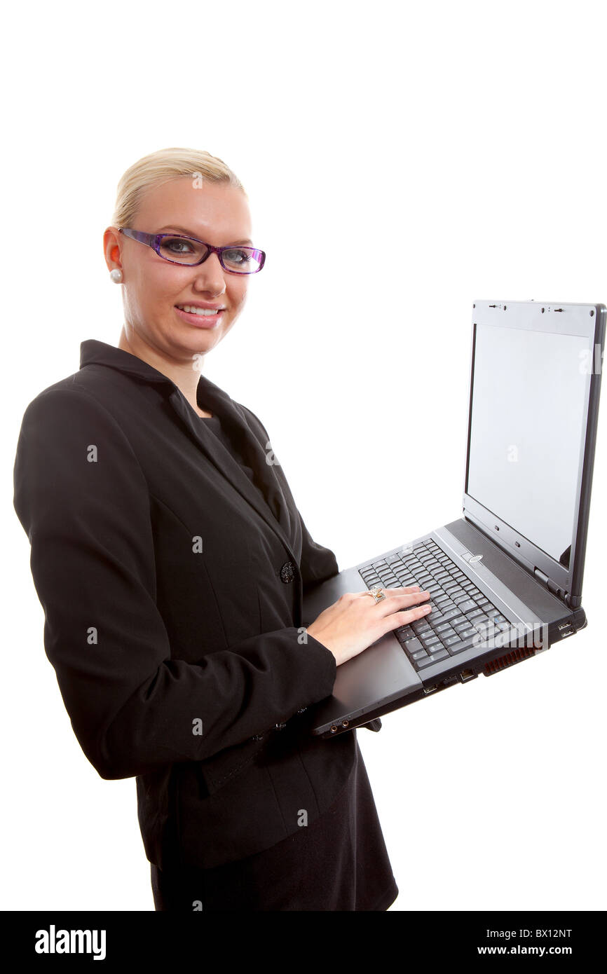 busy blonde secretary with laptop over white background Stock Photo - Alamy