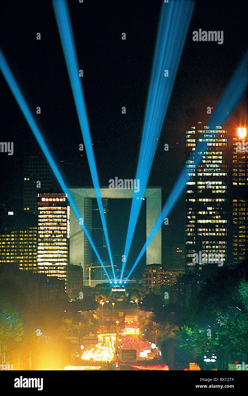 at night city fireworks France Europe Grande Arc La Defense Laser laser ...