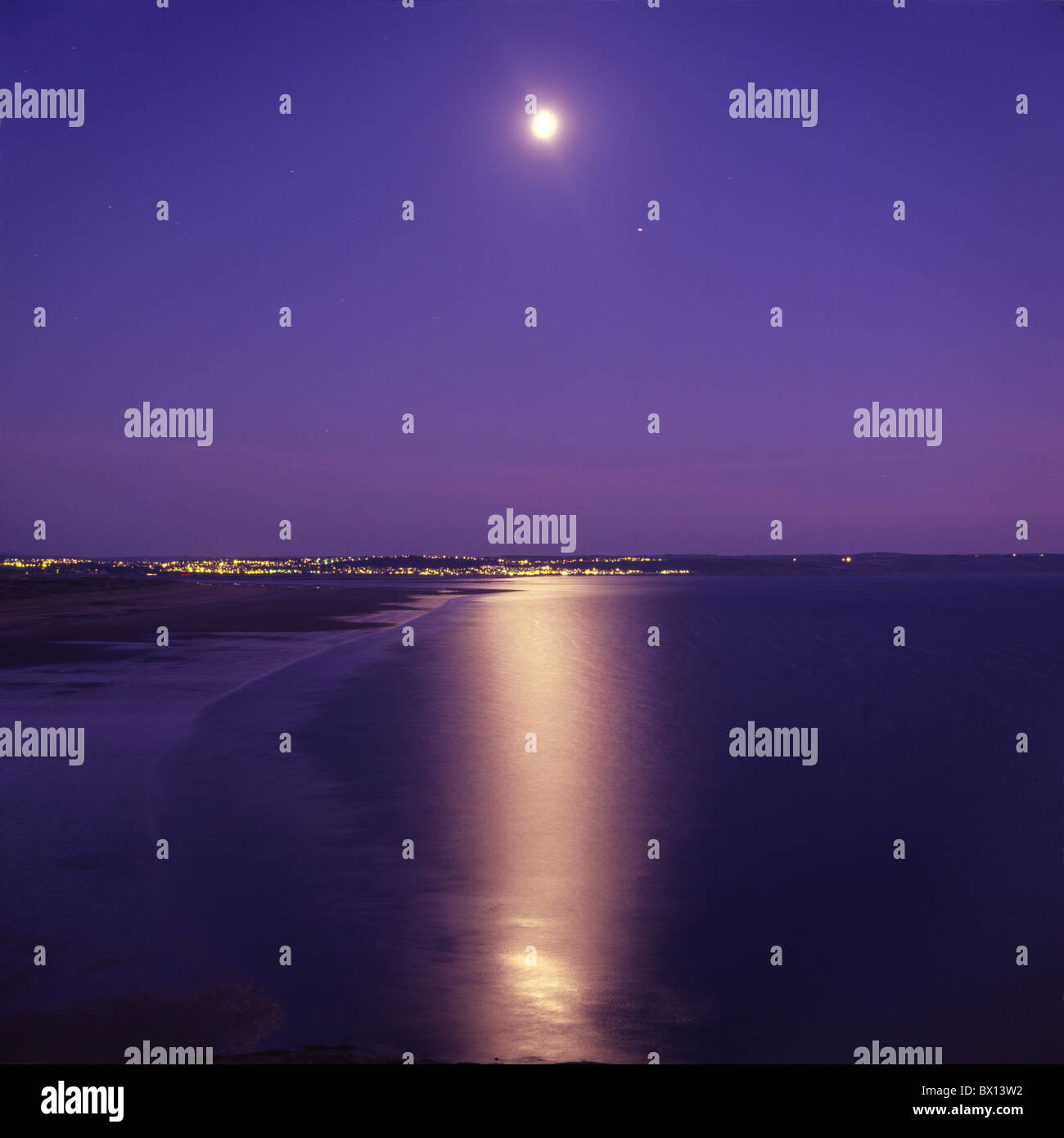 sea coast lights at night night scenery landscape moon full moon night ...