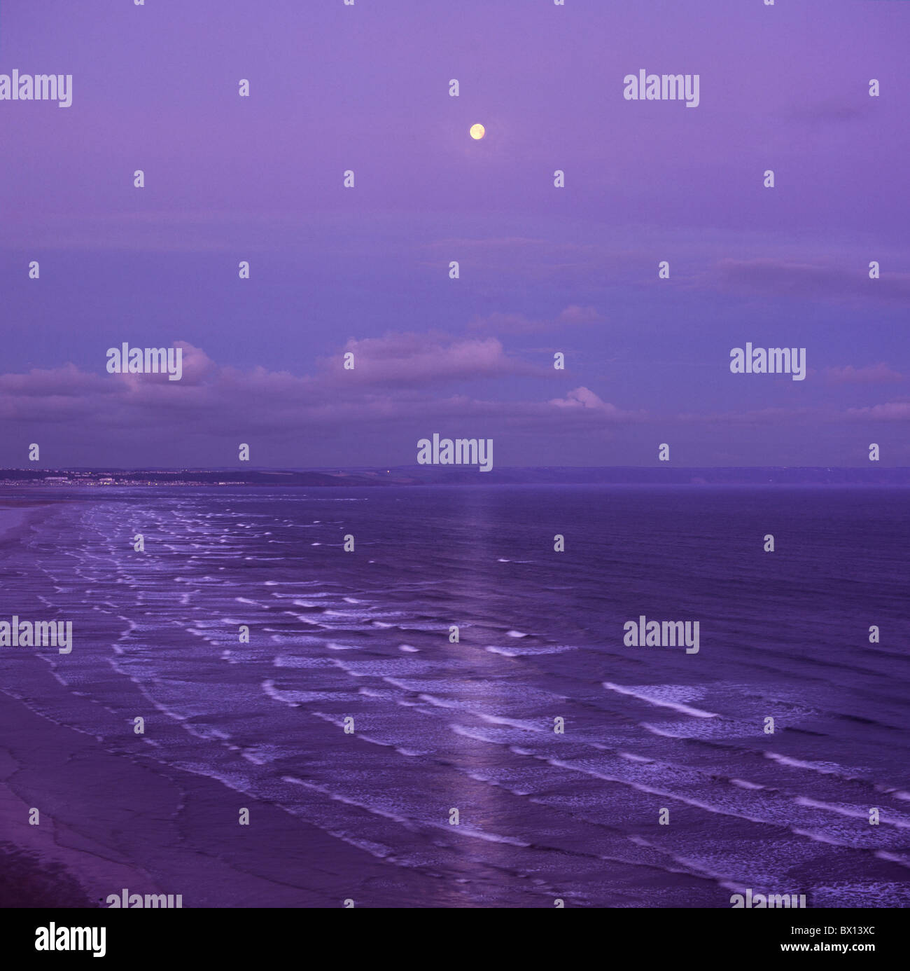 sea coast lights at night night scenery landscape moon full moon night ...