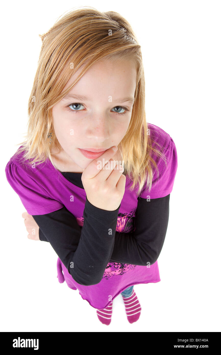 Girl is thinking, you look from above, over white background Stock ...