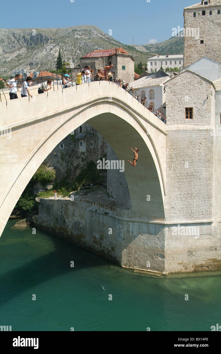 Mostar people jumpings bathing summer Stari Most Bridge bridge UNESCO ...