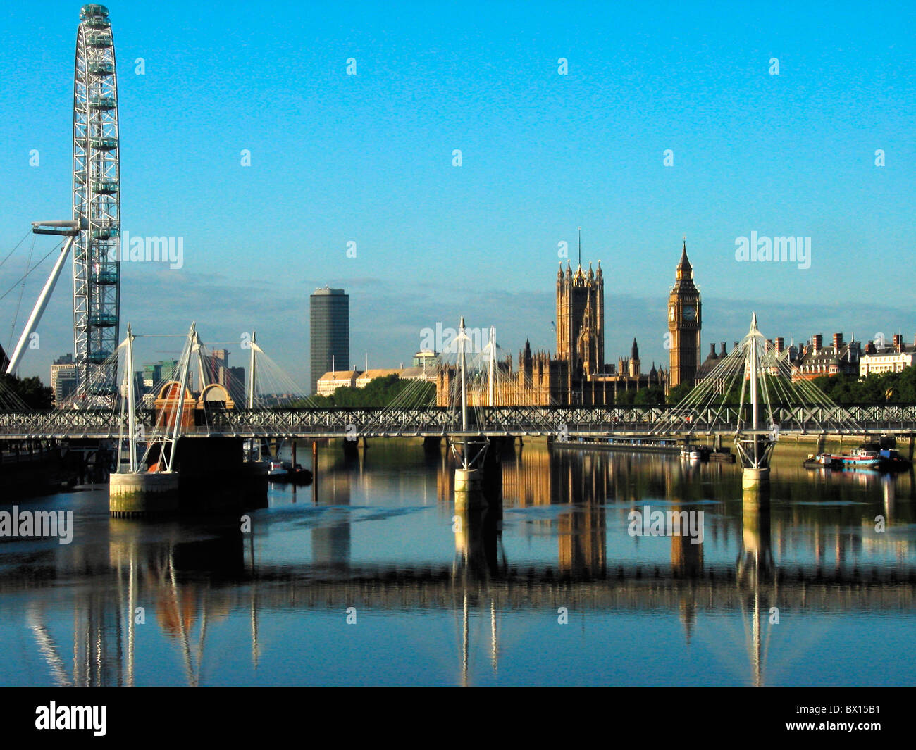 London Eye Houses of Parliament Golden Jubilee Footbridge River Thames ...