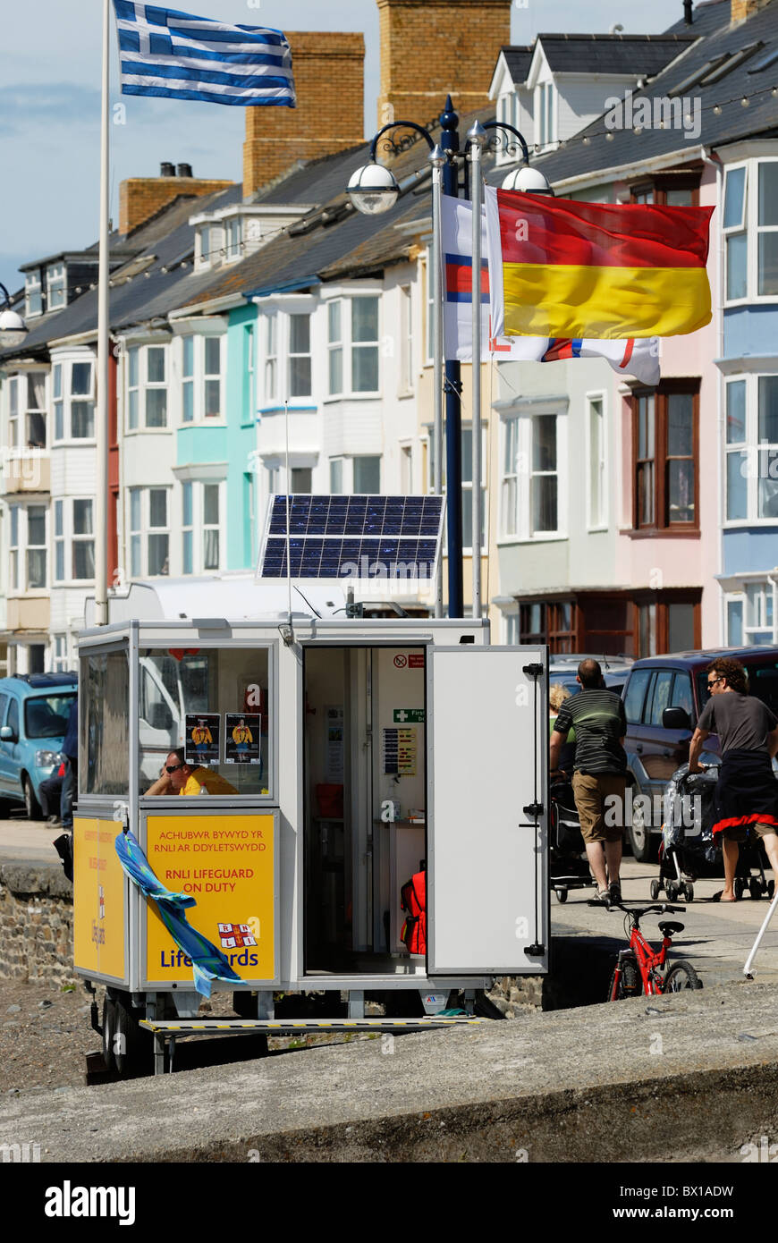 Solar powered Lifeguard trailer on Aberystwyth beach Stock Photo - Alamy