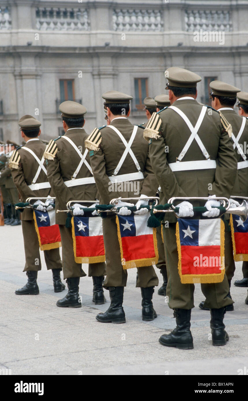CHILE. POLICE BAND ON PARADE IN SANTIAGO, WITH NATIONAL FLAG ON ...