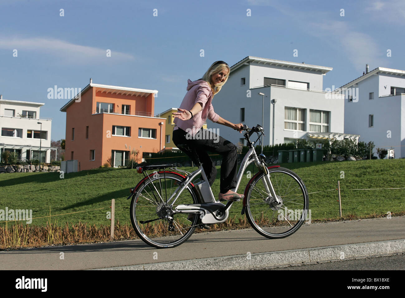 Bicycle Bike bicycle electric bike biking woman moving pavement one ...