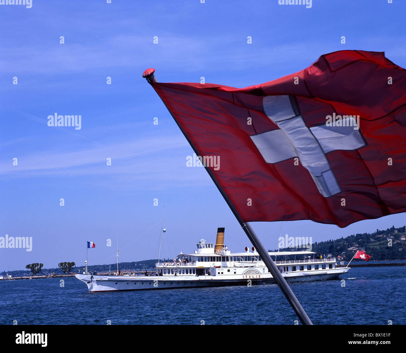 Swiss flag steamboat Geneva lake of Geneva ship paddle steamer lake ...