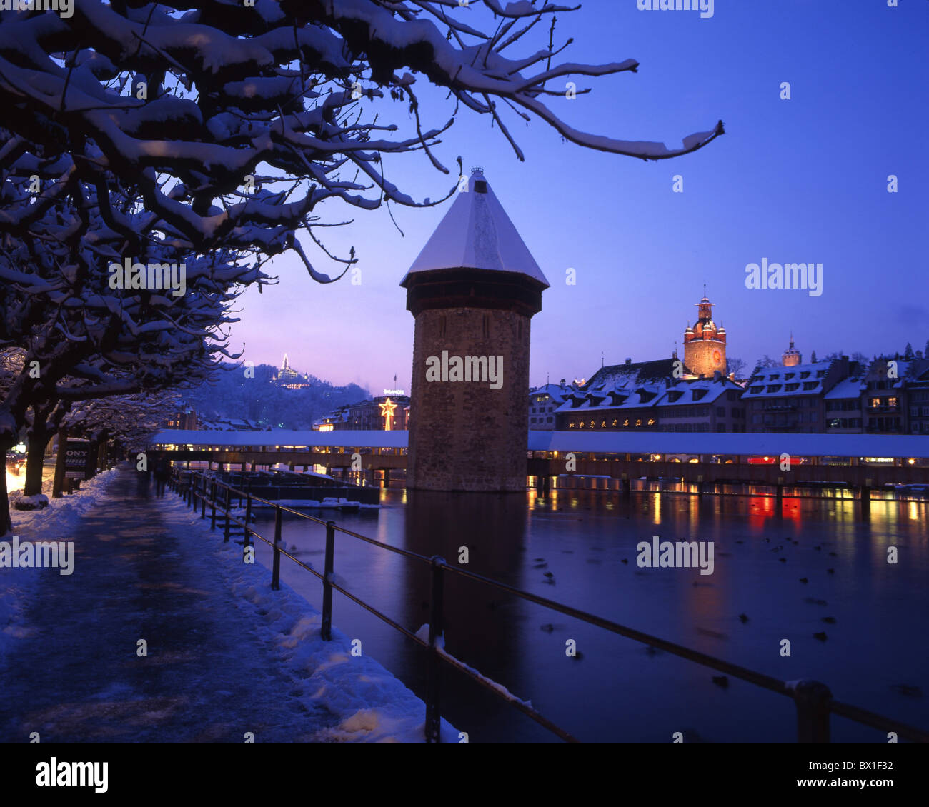 Town City Lucerne night at night winter Kapellbrucke Brucke chapel ...