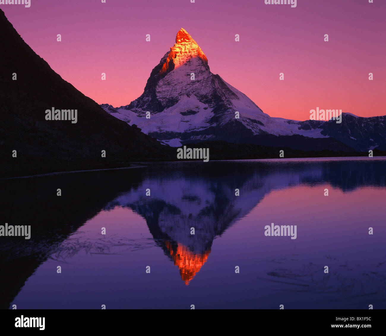 Matterhorn reflection Riffelsee sunrise scenery landscape mood dusk ...