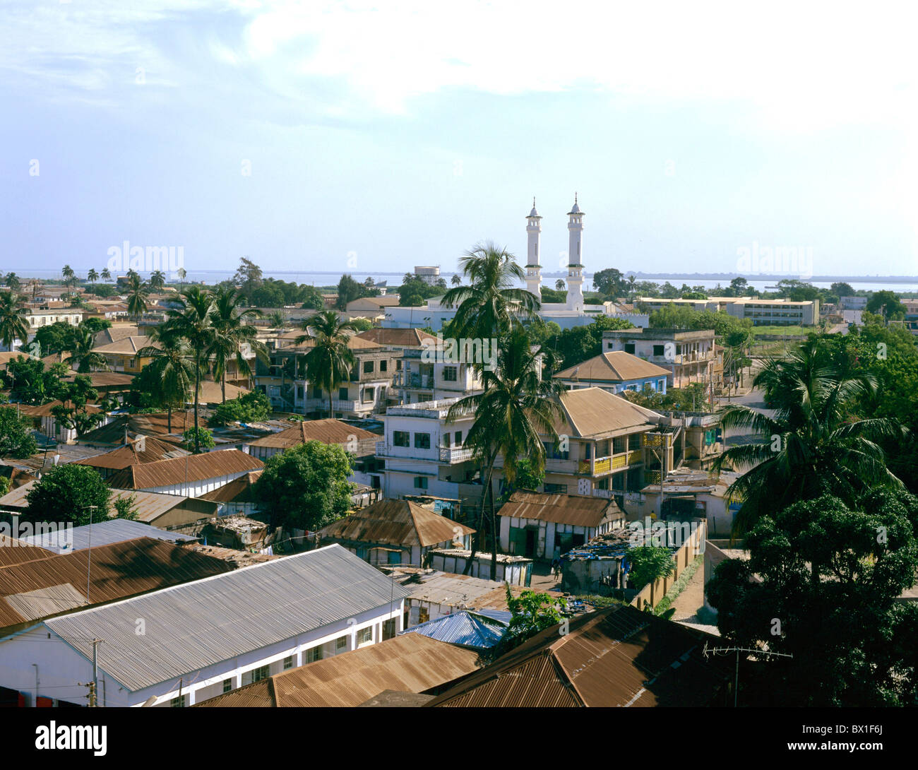 Africa Banjul city Gambia mosque overview palm trees roofs town Stock ...