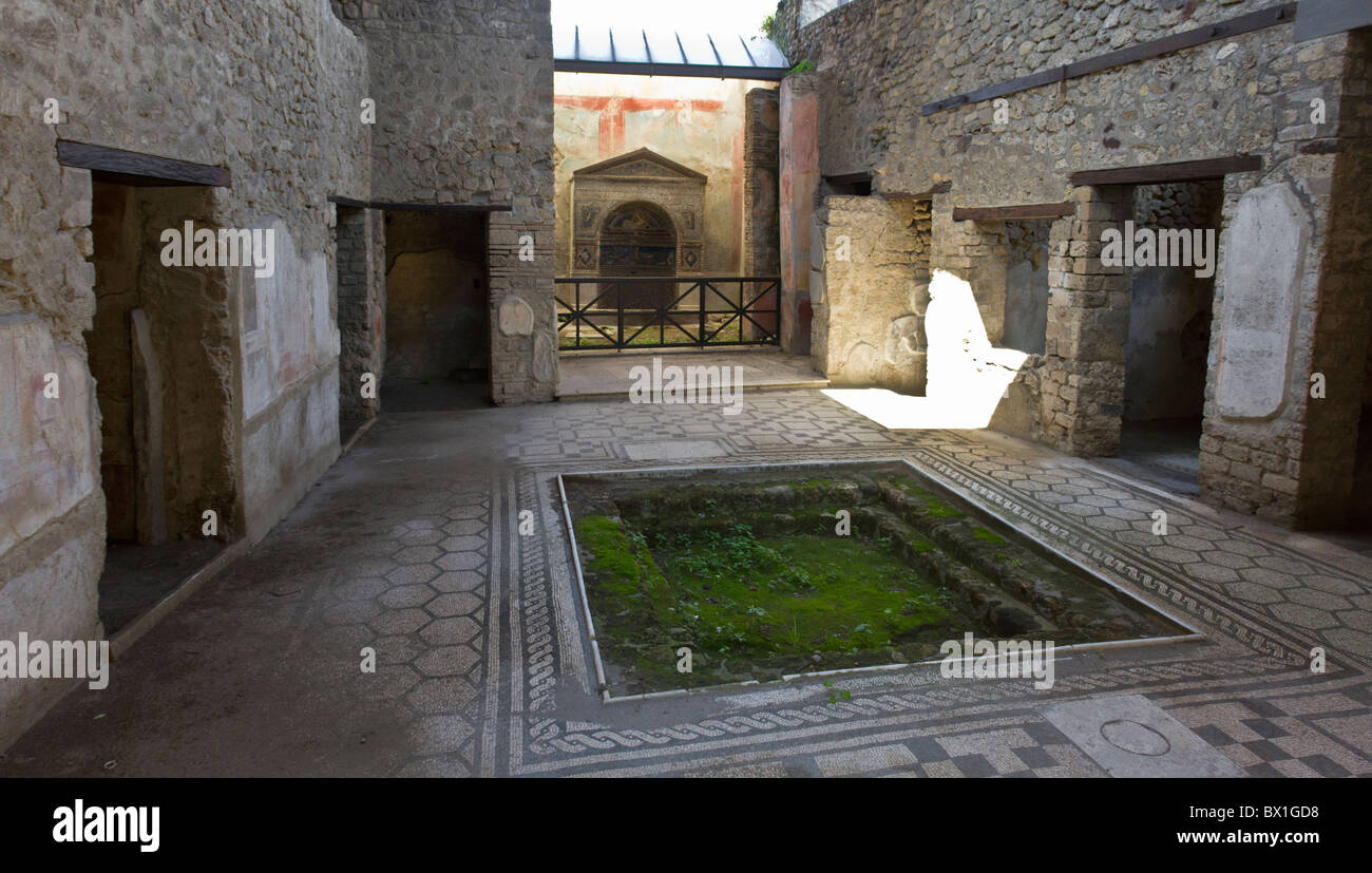Atrium of a Roman dwelling showing the mosaic floor and the impluvium ...