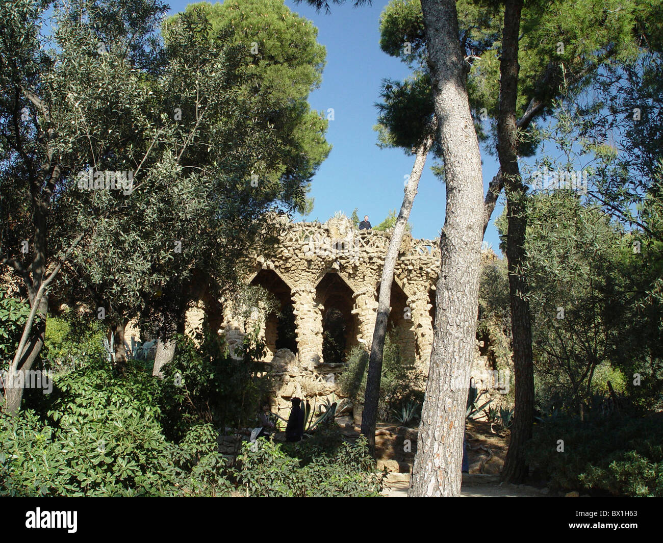 Barcelona columns Gaudi colonnades park Guell Spain Europe trees Stock ...