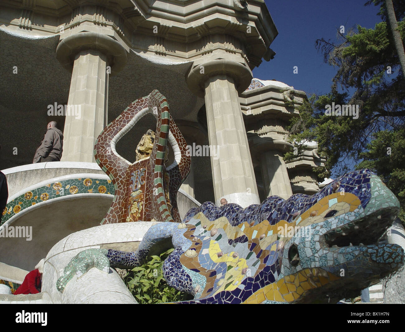 Barcelona columns dragon Gaudi ceramics mosaic park Guell sculpture ...