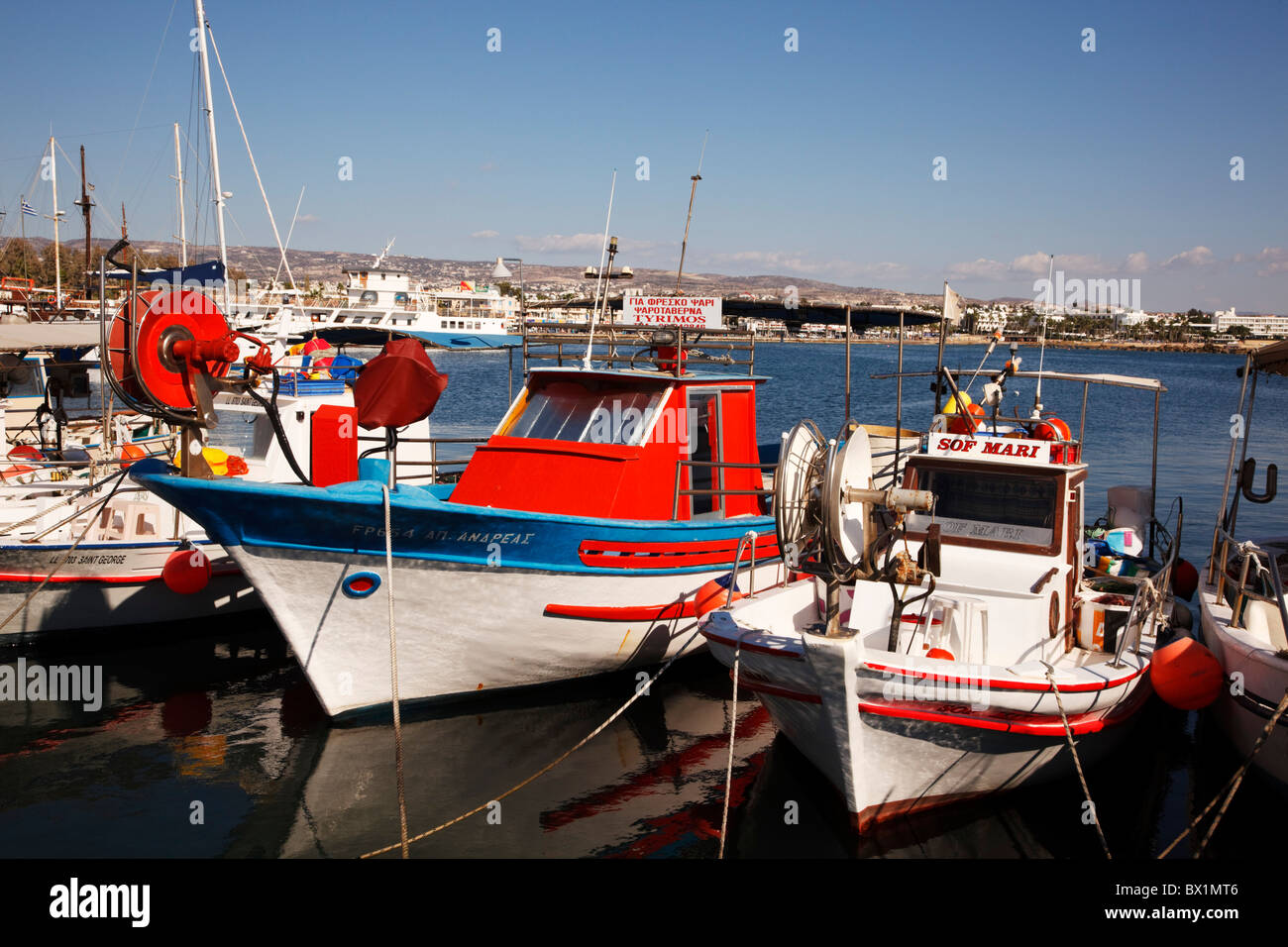 Colourful local fishing boats, Paphos harbour. Pafos, Cyprus Stock ...