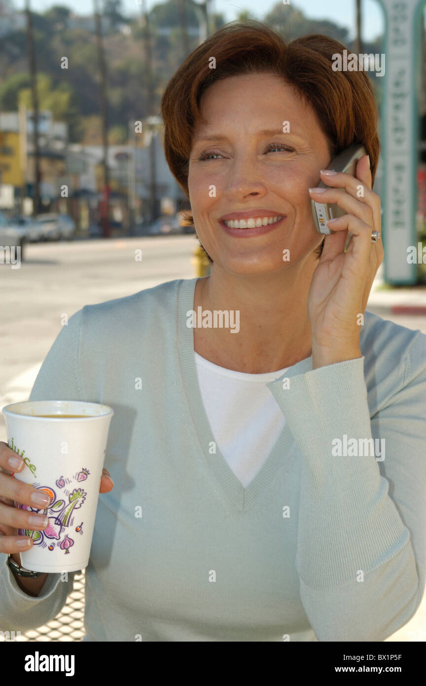 call up coffee drink Laughing middle age mobile mobile phone mug old ...