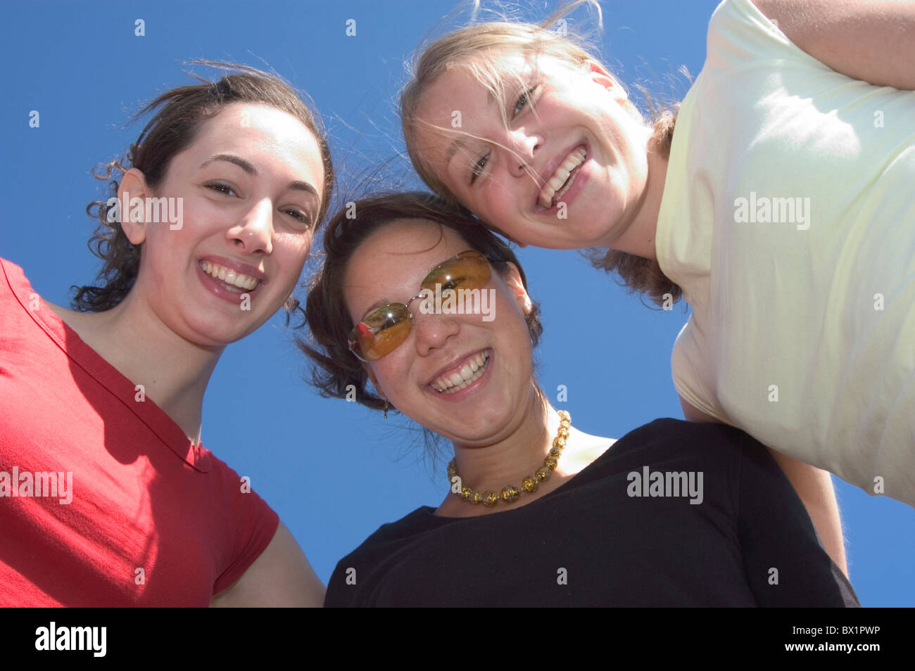 friends laughing outside portraits sky overview teenager three girls ...