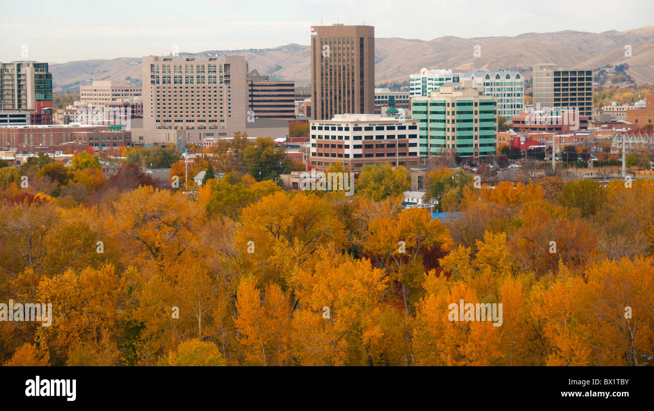 USA, Idaho, Boise, Aerial view of Downtown surounded by fall colors and ...