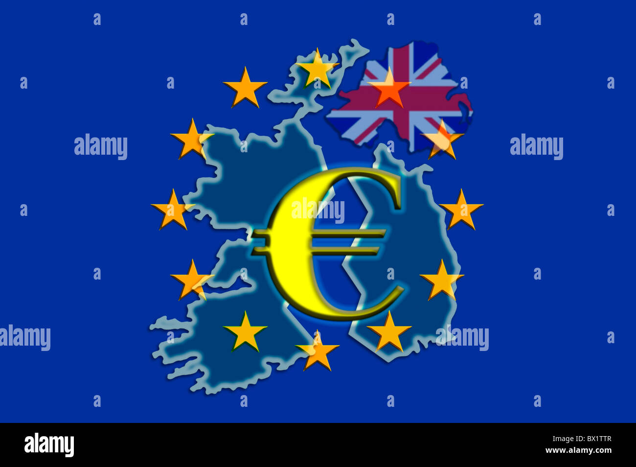European Union flag with a fragmented map of Ireland and euro symbol ...